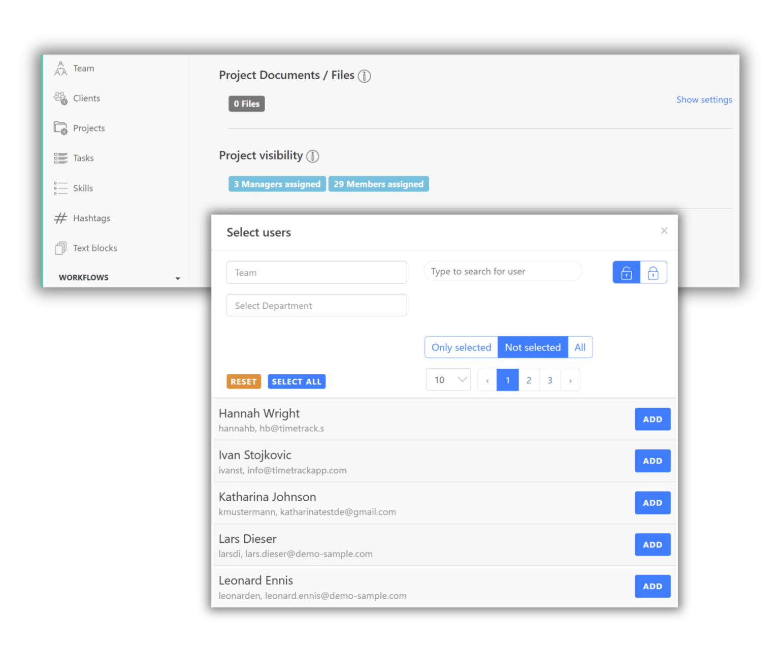 Project Assignment and Project Members - TimeTrack